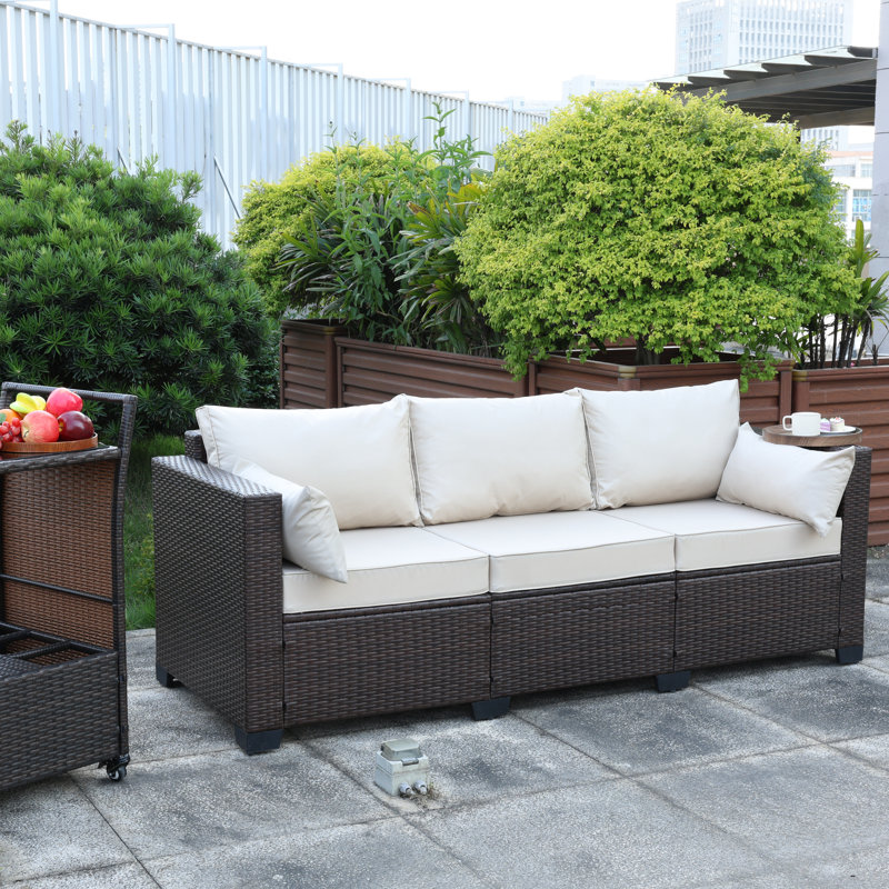 Ailina 79 Wide Outdoor Wicker Patio Sofa with Anti Slip Cushions and Waterproof Cover Latitude Run Cushion Color Khaki